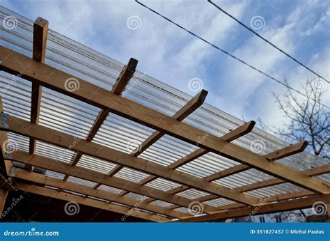 Terrace With Wooden Pergola And Plexiglass Roof Vines Are Stock Image