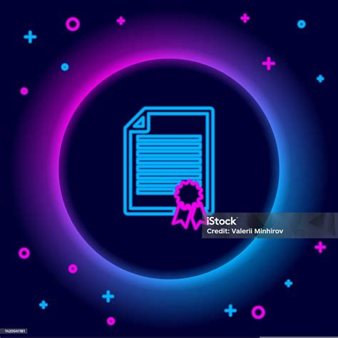 검은 색 배경에 격리 된 빛나는 네온 라인 인증서 템플릿 아이콘 성취 수상 학위 보조금 졸업장 비즈니스 성공 인증서 다채로운 개요 개념 벡터 고무도장에 대한 스톡 벡터 아트