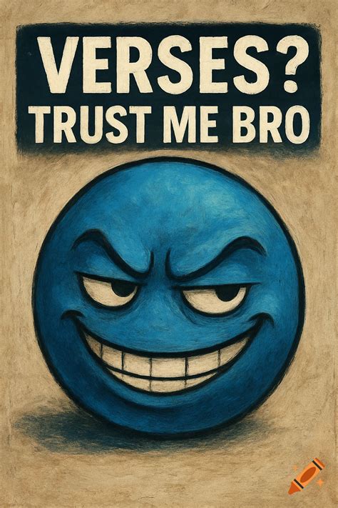 A Mischievous Blue Emoji With Slanted Eyes And A Wide Grin Above The Text Verses Trust Me Bro