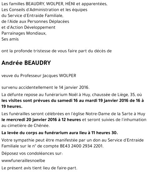 Avis De Décès De Andrée Beaudry Décédé Le 14 01 2016 à Liège Annonce