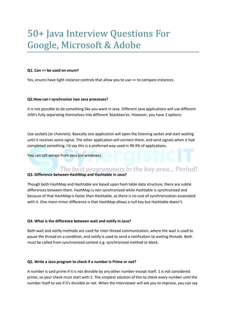 Basic Java Important Interview Questions And Answers To Secure A Job Pdf