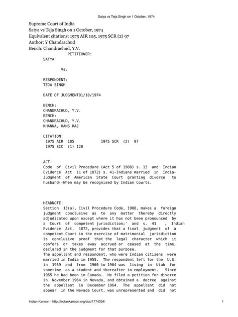 Satya Vs Teja Singh On 1 October 1974 Supreme Court Of India Satya Vs Teja Singh On 1 October