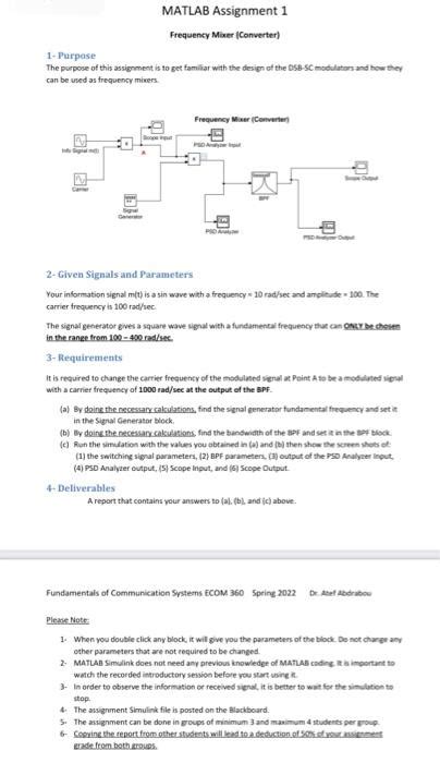 Solved MATLAB Assignment 1 Frequency Mixer Converter) 1- | Chegg.com