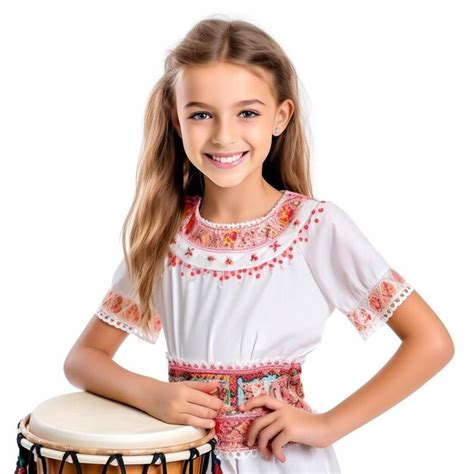 Premium Ai Image Beautiful Girl With Drum Isolated On White Background