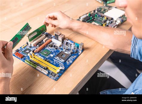 Engineer Putting Ram Memory Module Motherboard Stock Photo Alamy