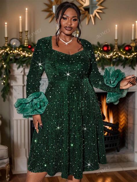 Plus Size Shiny Long Sleeve A Line Sequin Party Dress Elegant Cocktail