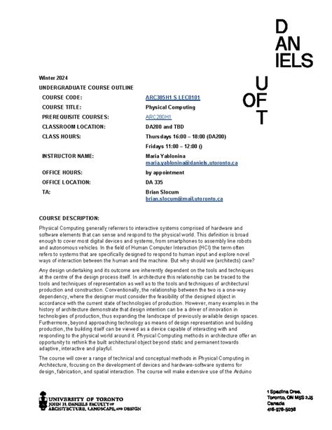 Arc385 Physical Computing Winter 2024 Course Outline Syllabus Winter 2024 Undergraduate