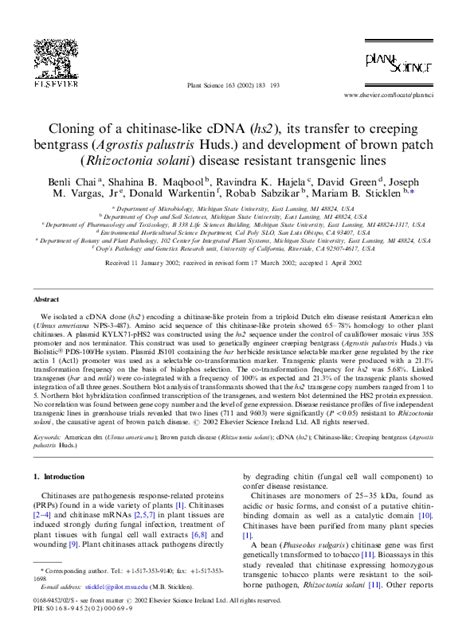 Pdf Transgenic Bentgrass Resistant To Brown Patch