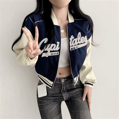 [아방핏~ 은근섹시] 컬링 배색 블루종 크롭 집업 항공 점퍼 에이블리