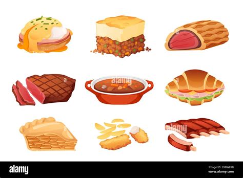 Set Of Delicious Traditional Food For Restaurant Menu Vector Illustration Isolated On White