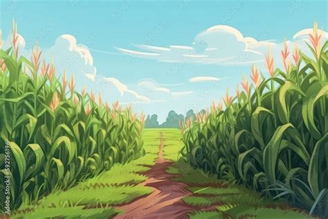 Corn Plant Sprouting On Dirt In A Cartoon Generative Ai Stock