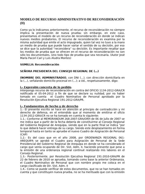 Modelo De Recurso Administrativo De Reconsideració Ii Pdf Gobierno