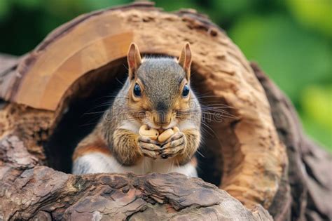 Squirrel With Cheeks Full Of Cashews Inside Hollow Log Stock Image Image Of Storing Rodent