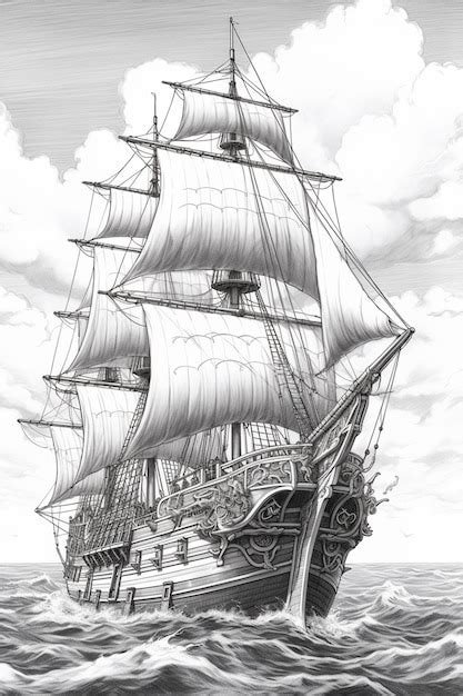 Premium Photo Drawing Of A Large Sailing Ship In The Ocean With A