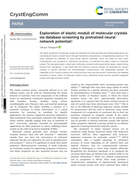 Pdf Exploration Of Elastic Moduli Of Molecular Crystals Via Database Screening By Pretrained