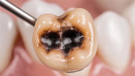 Closeup Of Tooth With Severe Cavity And Dentist Tool During Examination