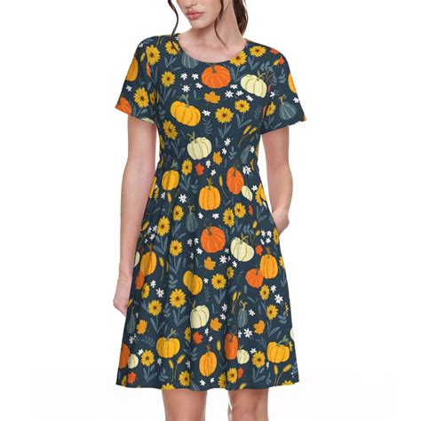 Balery Pumpkins And Sunflowers2 Pattern Womens Dresses Loose Short