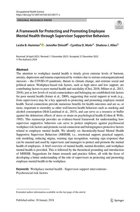 Pdf A Framework For Protecting And Promoting Employee Mental Health Through Supervisor