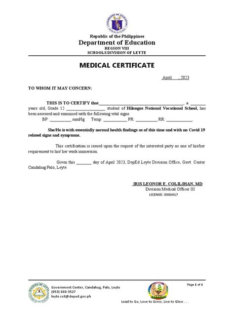 Medical Certificate Work Immersion Pdf