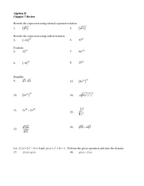 Chapter 7 Review Radical Notation Worksheet For 10th 12th Grade