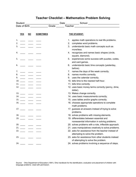 51 Teacher Checklistmath Problem Solving