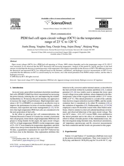 pem fuel cell open circuit voltage ocv in the temperature range of 23