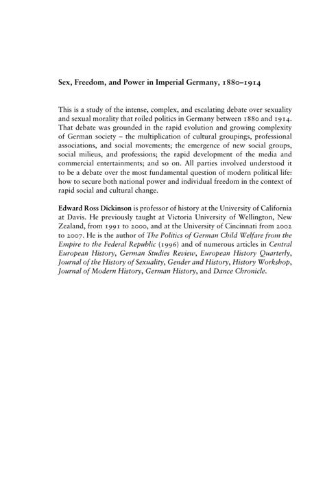 Sex Freedom And Power In Imperial Germany 18801914 Sex Freedom