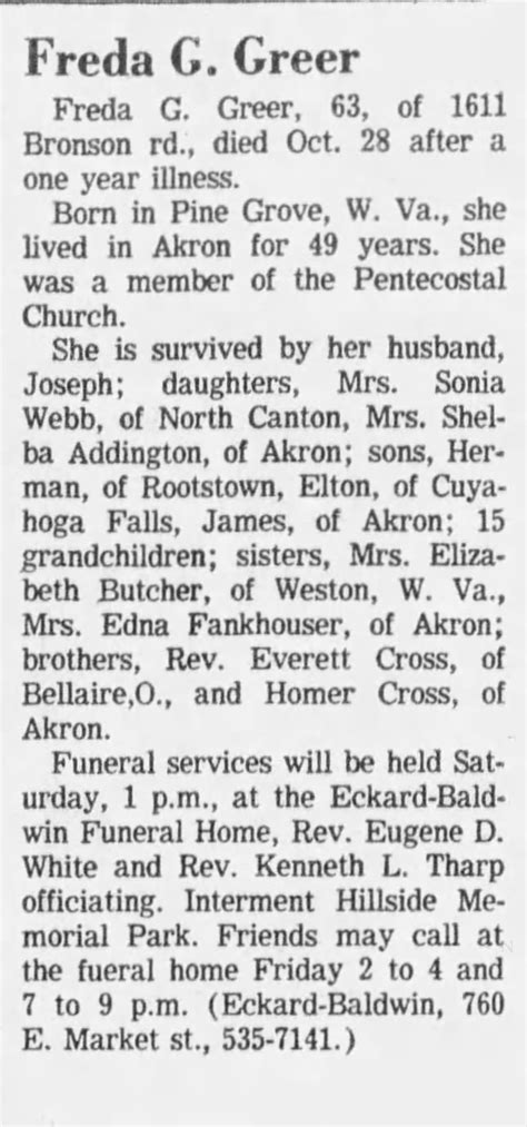Freda G Greer Cross Obit ™