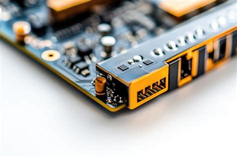 Closeup Of A Circuit Board With Golden Connectors Premium Ai Generated Image