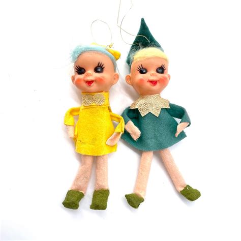 Vintage Set Of 2 Pixie Elves Plastic Christmas Ornament 1950 1960 Retro Kitsch Japan