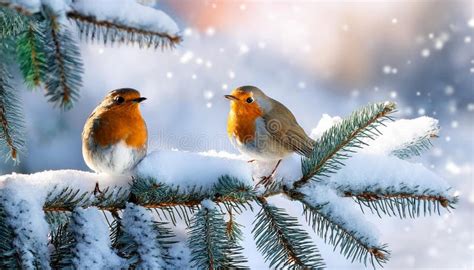 Robins Birds Animals On A Snow Covered Fir Tree Ai Generated Stock