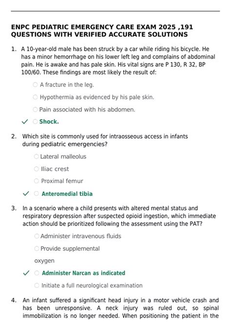 Enpc Pediatric Emergency Care Exam 2025 191 Questions With Verified Accurate Solutions Enpc