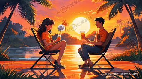 Ai创作图落日晚霞 河边 椰子树旁 草地上 卡通 一个帅气男孩和一个美女 坐在折叠椅上 拿着喝着饮料 旁边还有茶几 昵图网