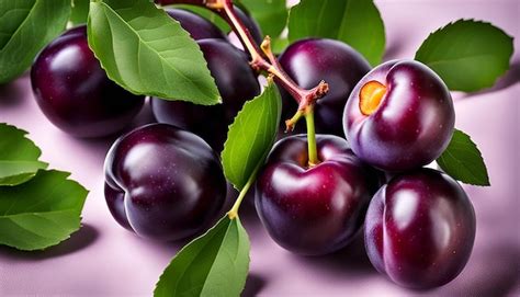 Ripe Purple Plum Fruits With Green Leaves Isolated Premium Ai