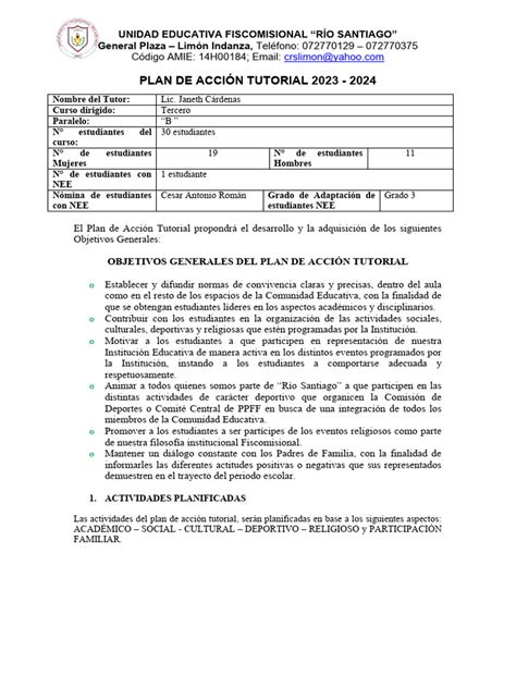 Plan De Acción Tutorial 2023 2024 Janethdocx Descargar Gratis Pdf