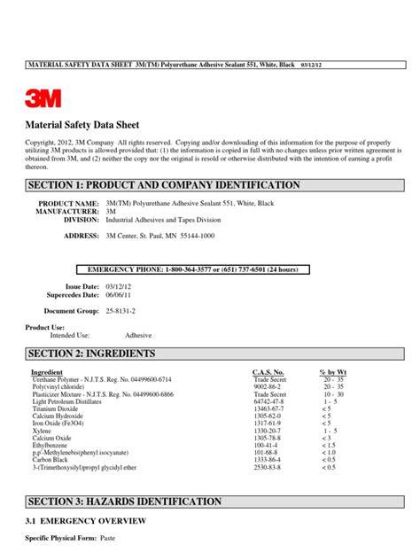 3m Polyurethane Adhesive Sealant Msds Pdf Personal Protective Equipment Volatile Organic