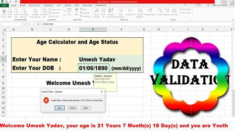 Age Calculator Age Status Data Validation Datedif And If Formula Together All In One