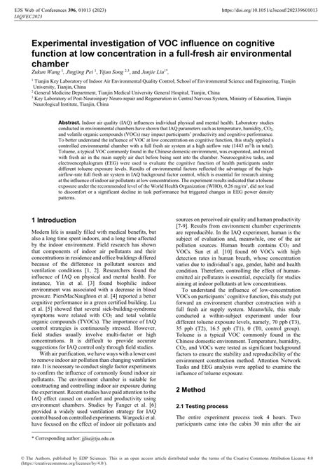 Pdf Experimental Investigation Of Voc Influence On Cognitive Function At Low Concentration In