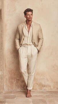 Elegant Man In Neutral Linen Suit Barefoot Summer Style Premium Ai