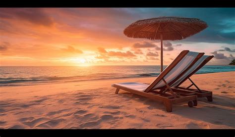 Premium Photo Beach Loungers At Sunset Stylized Serenity