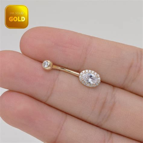 14k Solid Gold Diamond Belly Button Ring Gold Navel Piercing Classic