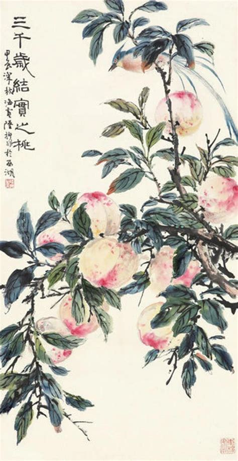 Peach Blossoms And Peach Fruits Spring And Autumn Set Of 2 Vertical