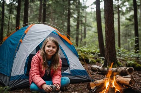 Premium Photo Cute Girl Camping In The Forest