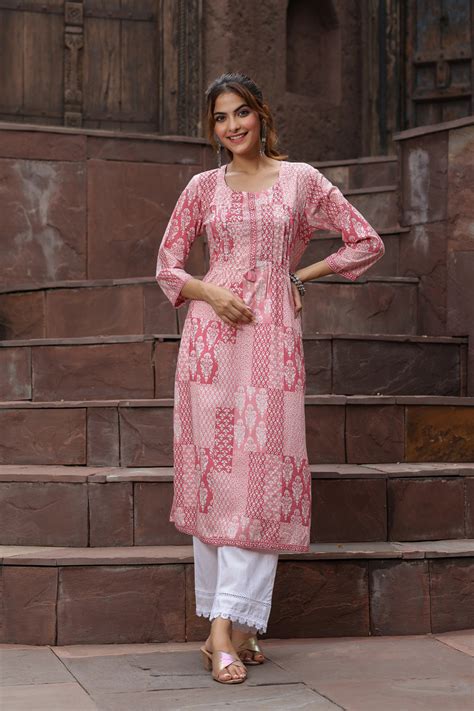 Women Peach Coloured Ethnic Motifs Printed Sequinned Pure Cotton Kurta