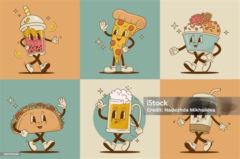 복고풍 만화 재미있는 캐릭터 세트입니다 피자 맥주 카푸치노 타코 버블티 아이스크림 마스코트 맥주에 대한 스톡 벡터 아트 및 기타 이미지 Istock