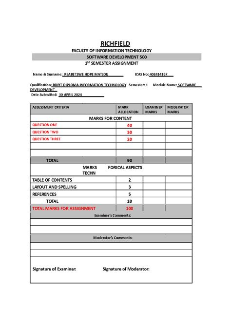 Software Development Assignment Richfield Faculty Of Information Technology Software