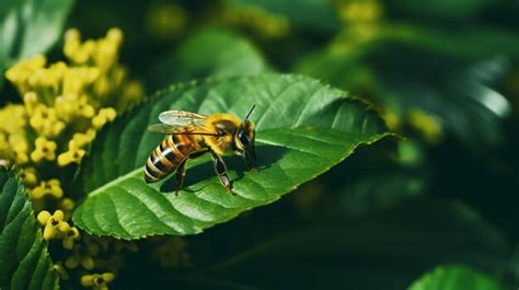 Premium Ai Image Small Yellow Bee On Green Leaf Pollinating