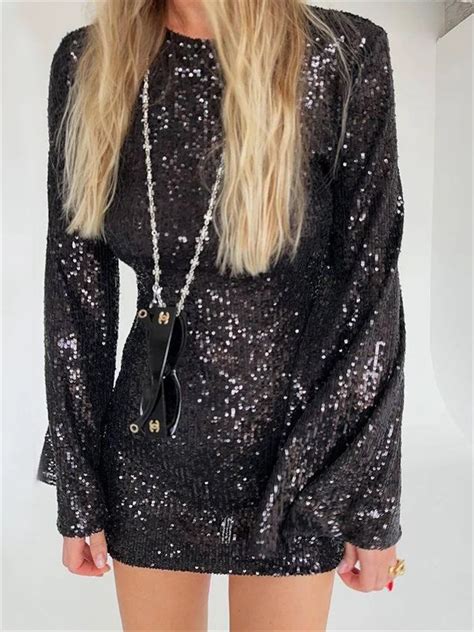 Sequin Fashion Autumn Mini Dress Female Glitter See Through Long Sleeve