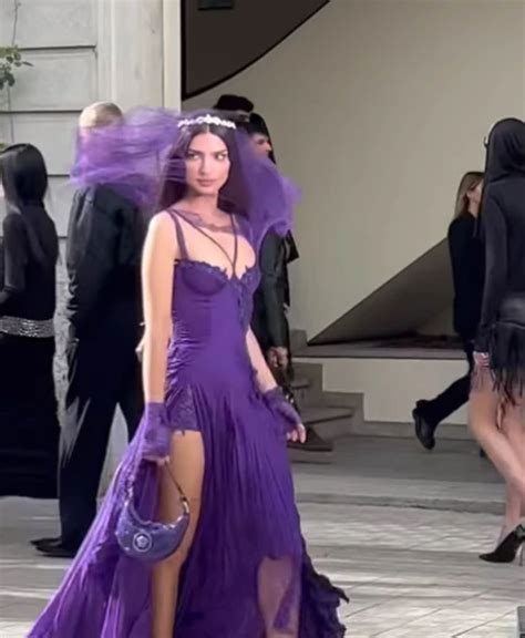 Sexy Emily Ratajkowski Wears Revealing Purple Versace Dress 12thblog