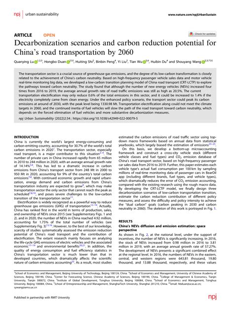 Pdf Decarbonization Scenarios And Carbon Reduction Potential For Chinas Road Transportation